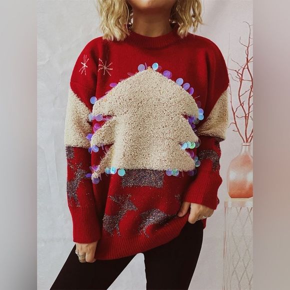 Boutique | Sweaters | Redsequin Christmas Tree Reindeer Round Neck ...
